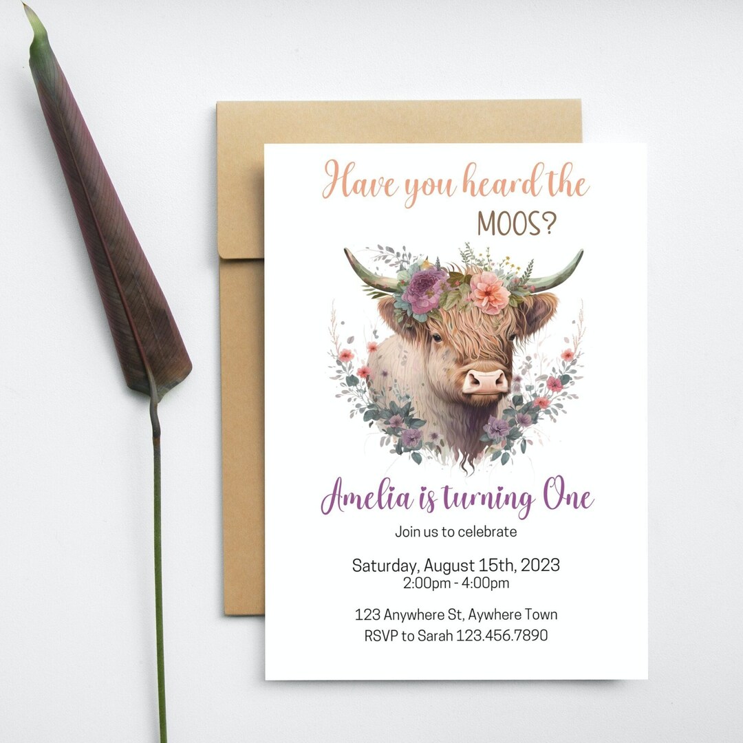 Highland Cow Birthday Invitation, I'm One Invitation Girl, Floral ...