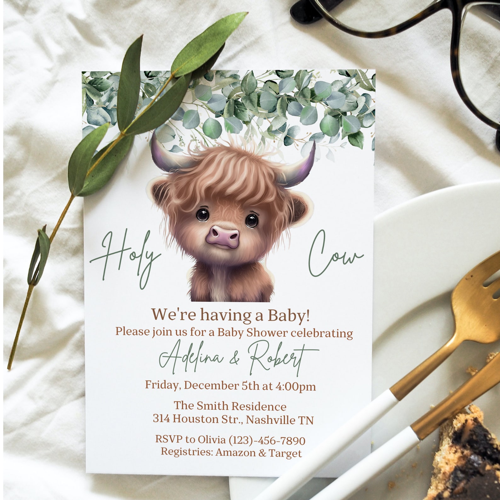 Boho Highland Cow Baby Shower Invitation Bundle, Gender Neutral Cow ...