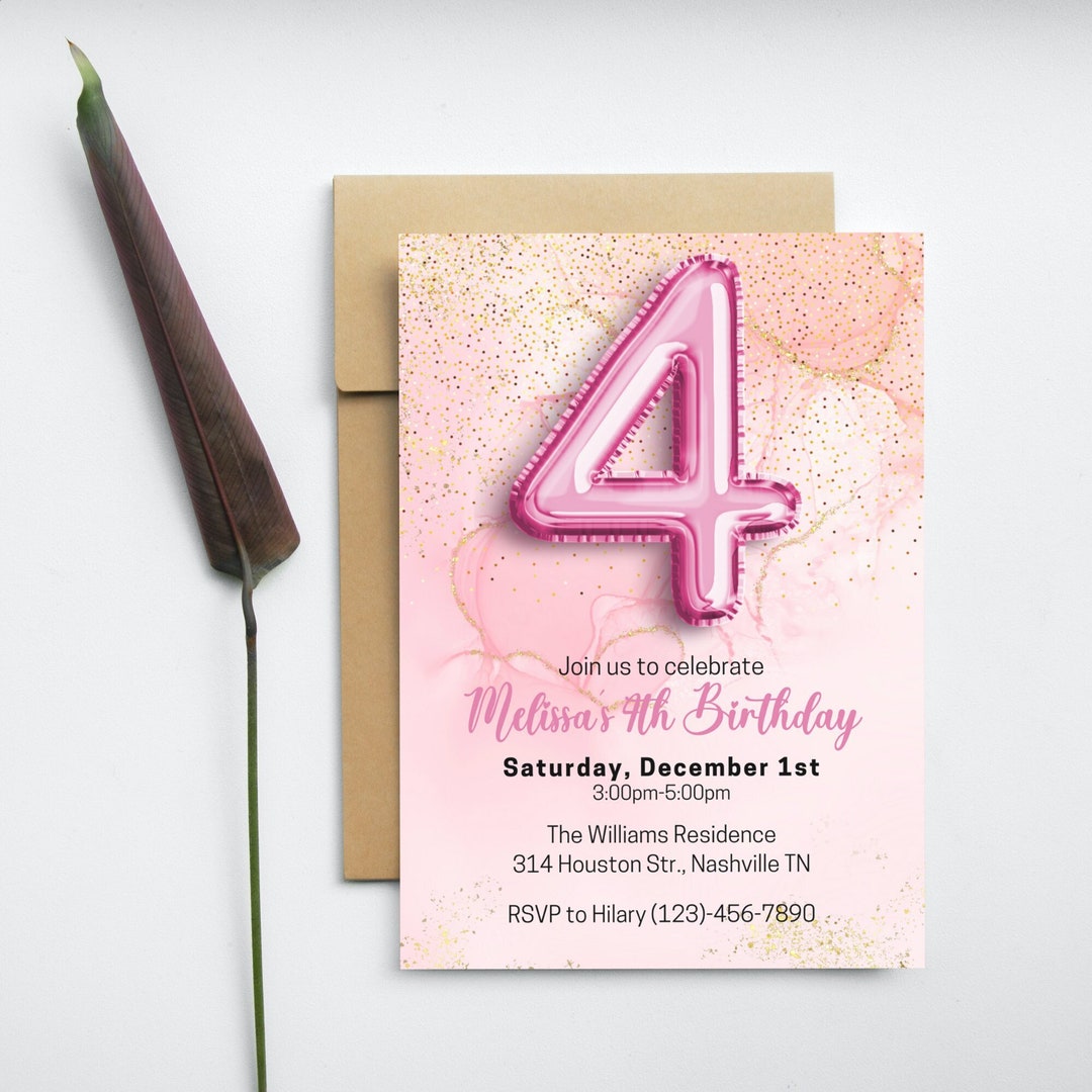Editable Pink 4th Birthday Invitation Template, Glitter Girl Birthday ...