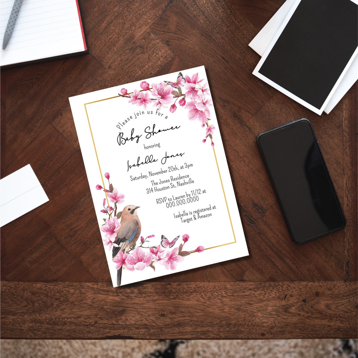 Floral Bird Baby Shower Invitation Template, Modern Girl Flowers Baby ...