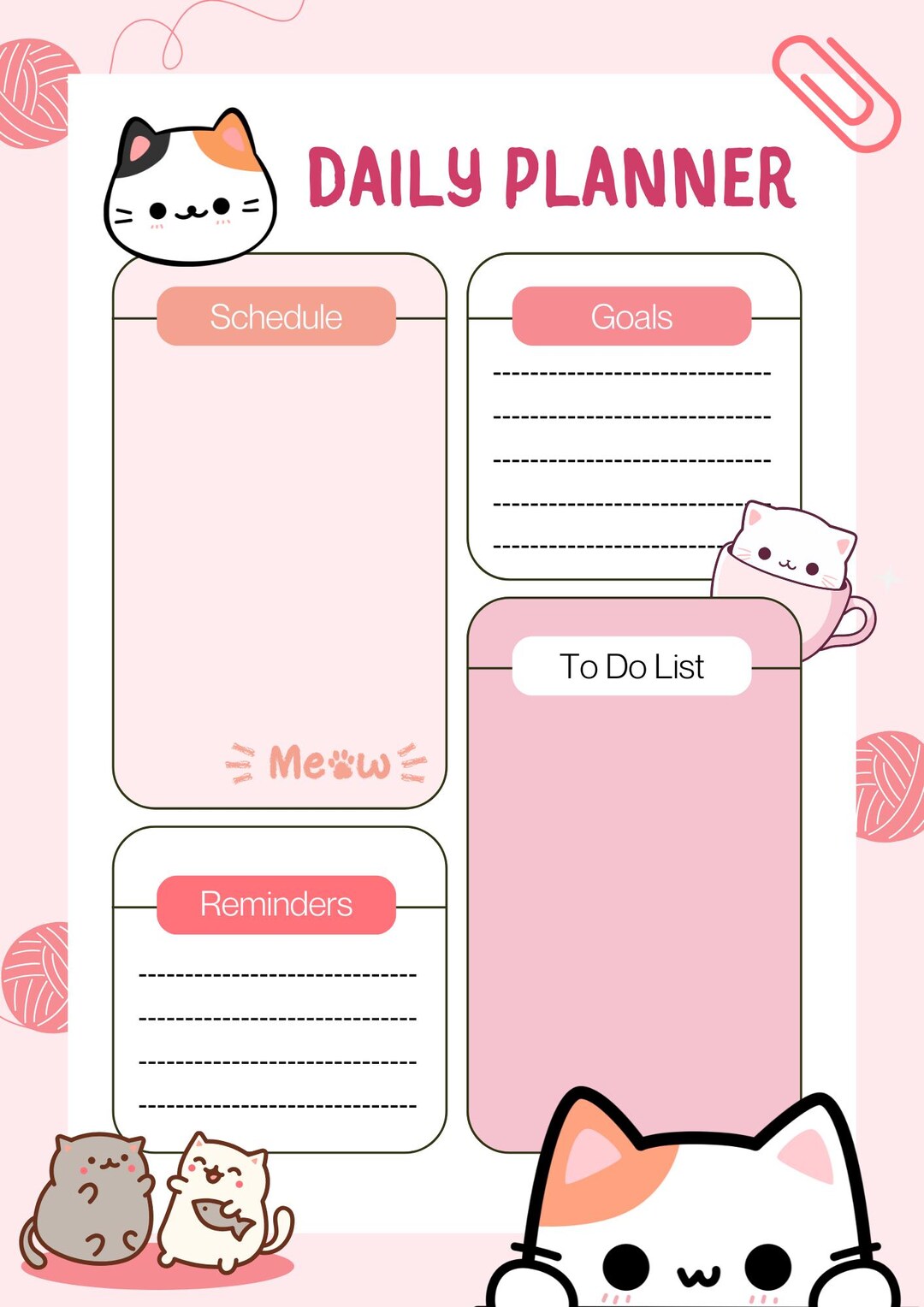 Pink Cute Cat Daily Planner – A4 Digital & Printable PDF - Etsy