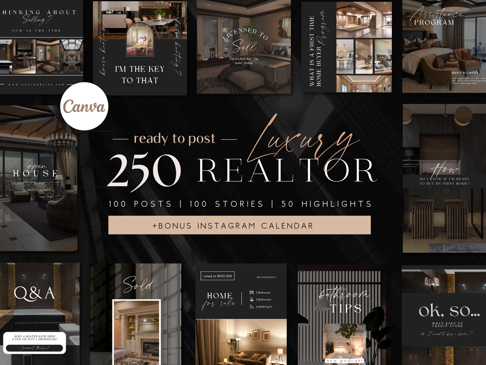 250 Real Estate Instagram Post Story Highlights Templates for Canva ...