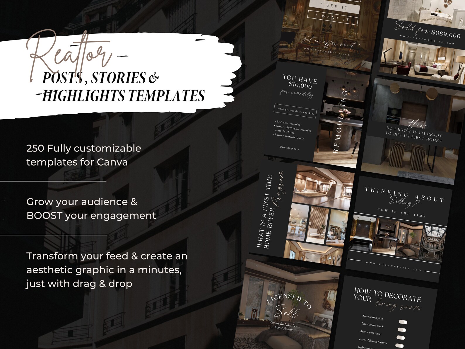 250 Real Estate Instagram Post Story Highlights Templates for Canva ...