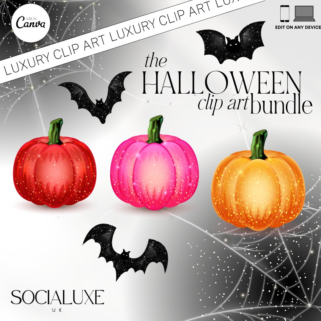 Glam Halloween Clipart: Metallic Pumpkins & Glitter Bats (PNG) - Etsy