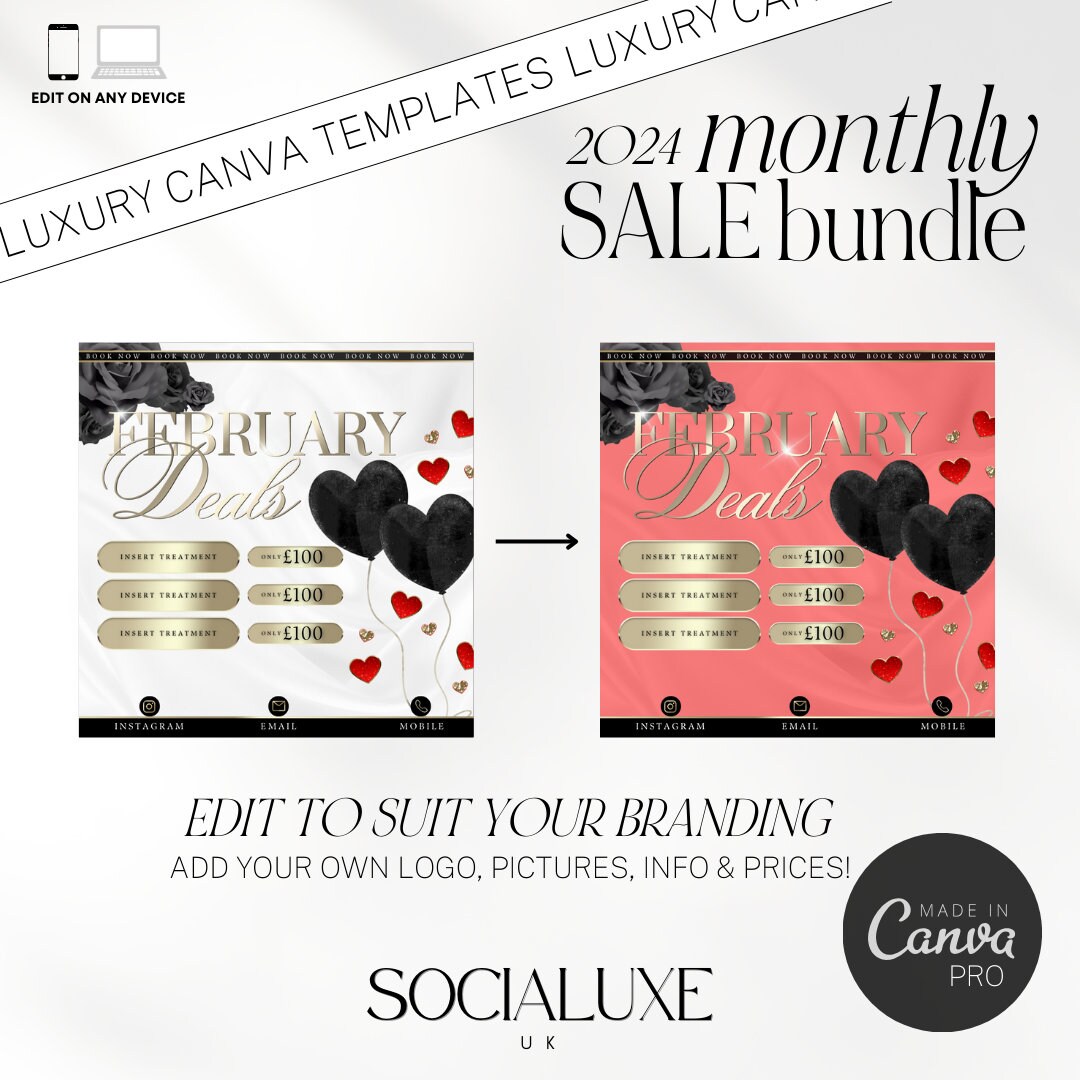 2024 Monthly Sale Social Media Templates White & Gold Editable Canva ...