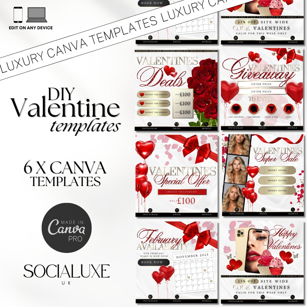 Valentine's Day Social Media Templates: Gold Canva Designs (canva Pro ...