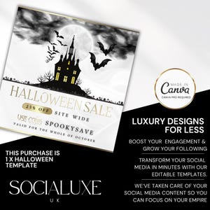 Halloween Social Media Template Bundle, Gold & White Editable Canva for ...