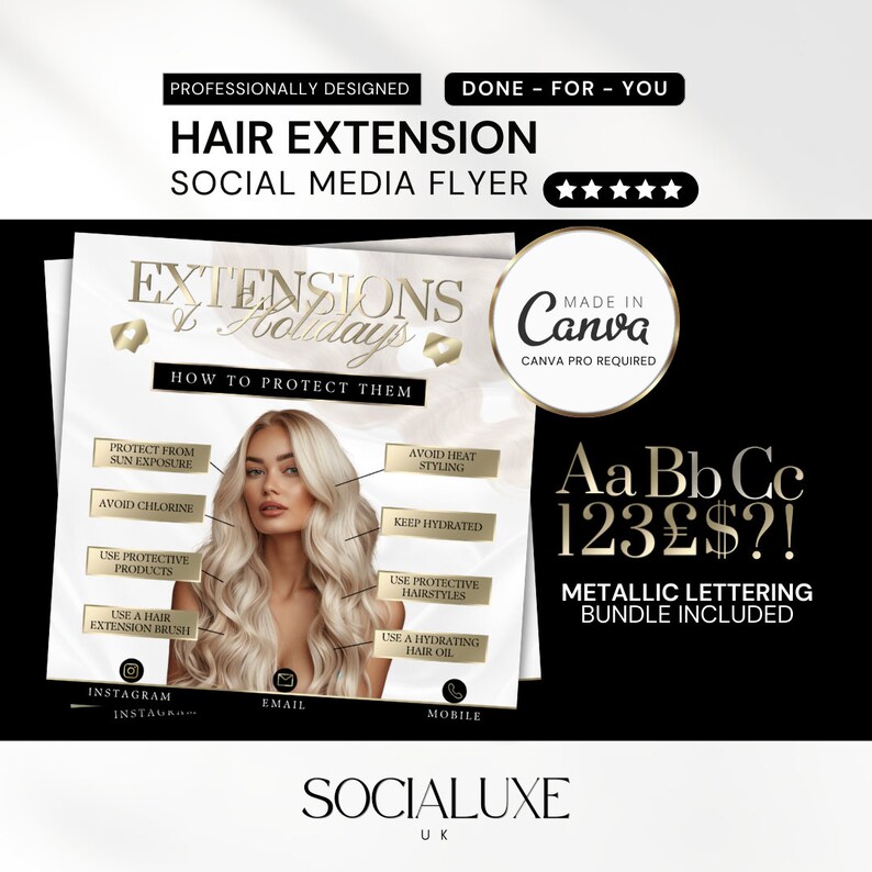 Hair Extension Instagram Post: White & Gold Canva Template - Etsy