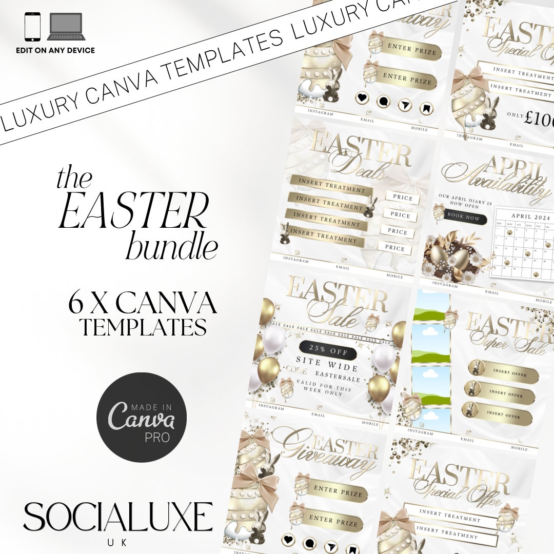 Easter Social Media Editable Templates | White Gold Canva for Easter ...