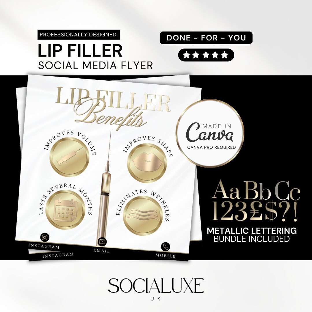 Lip Filler Benefits Instagram Flyer: White and Gold Canva Template - Etsy
