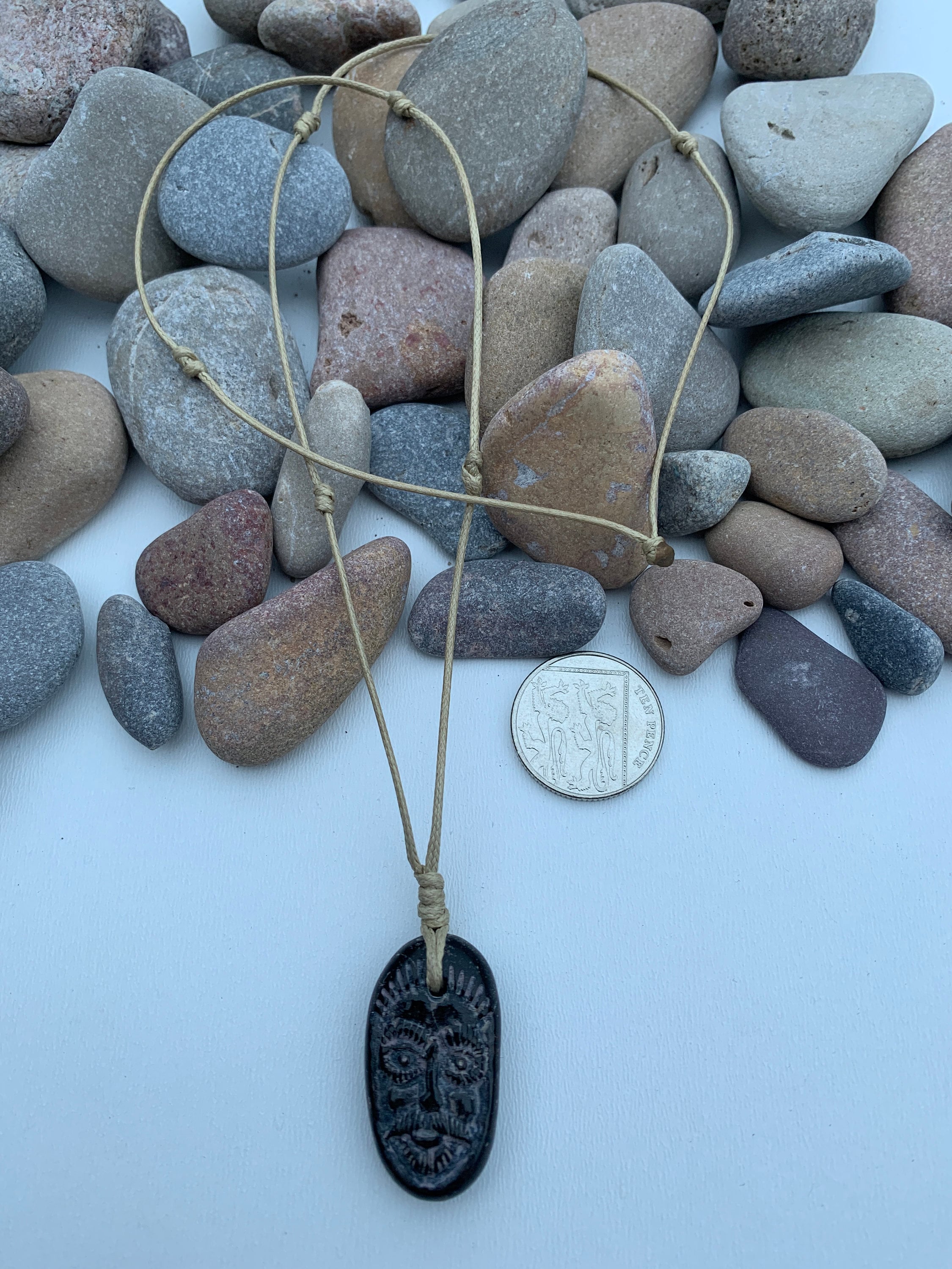 Dark-hand Carved Unique Pebble Engraved Sea Stone Necklace Rock Pendant ...