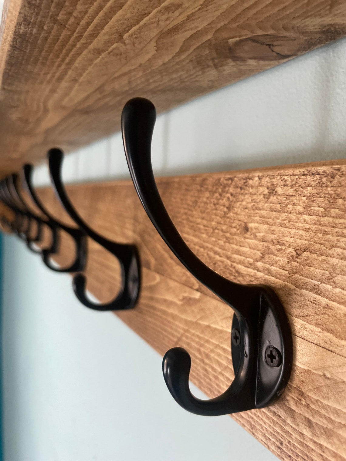 Handmade Rustic Coat Rack With Black Hooks and Shelf. in Dark Oak Wax ...