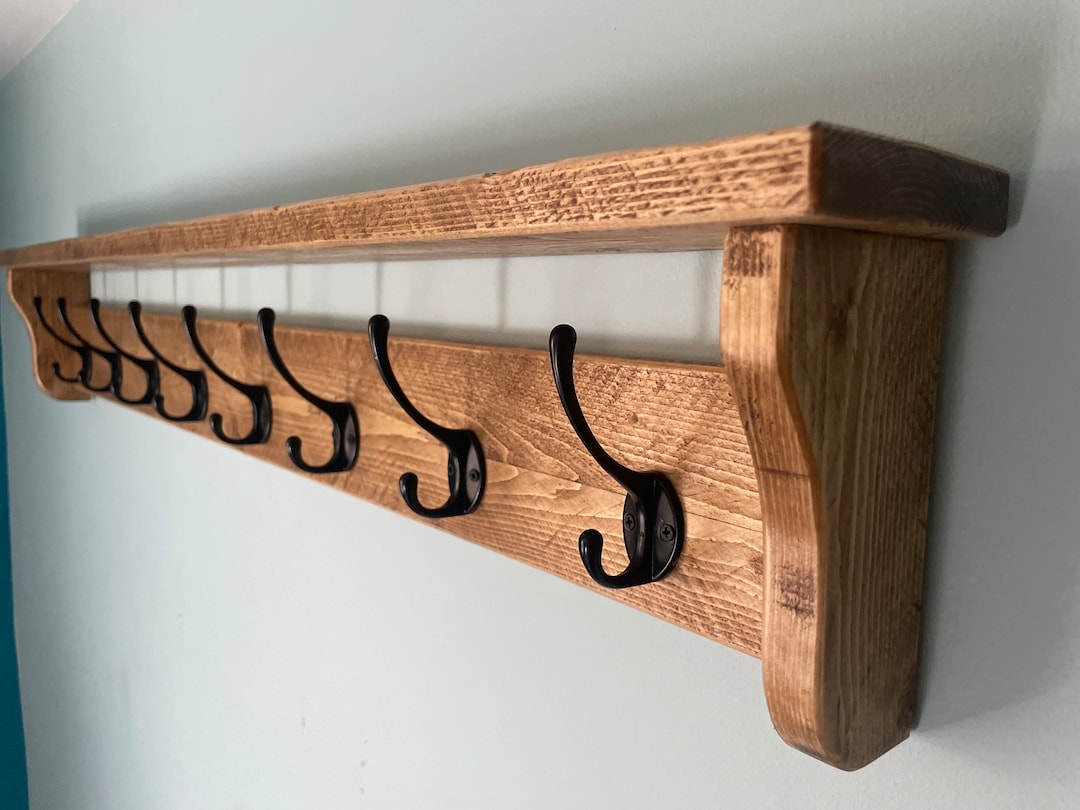 Handmade Rustic Coat Rack With Black Hooks and Shelf. in Dark Oak Wax ...