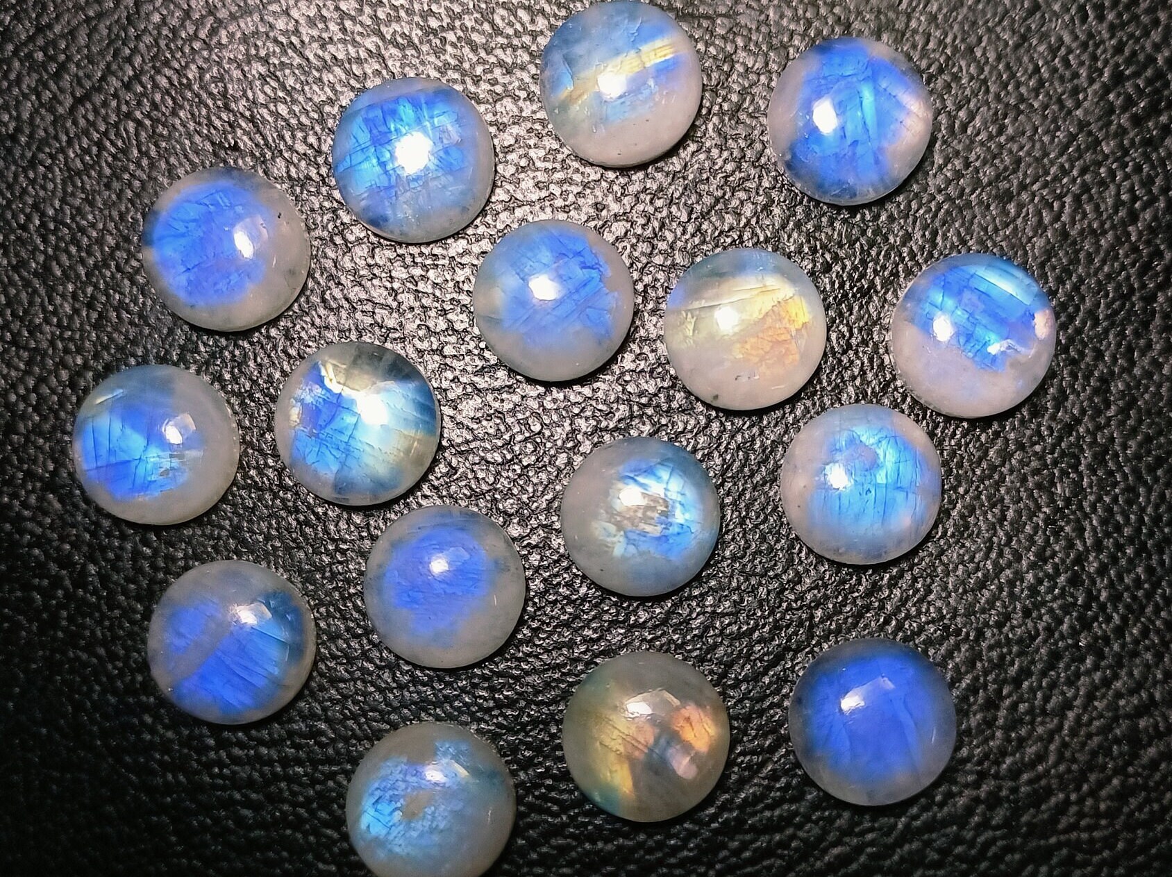 AAA Blue Fire Moonstone Round Shape Cabochon High Hand Polished Back Flat Cabs Size:5 TO 30 MM ...