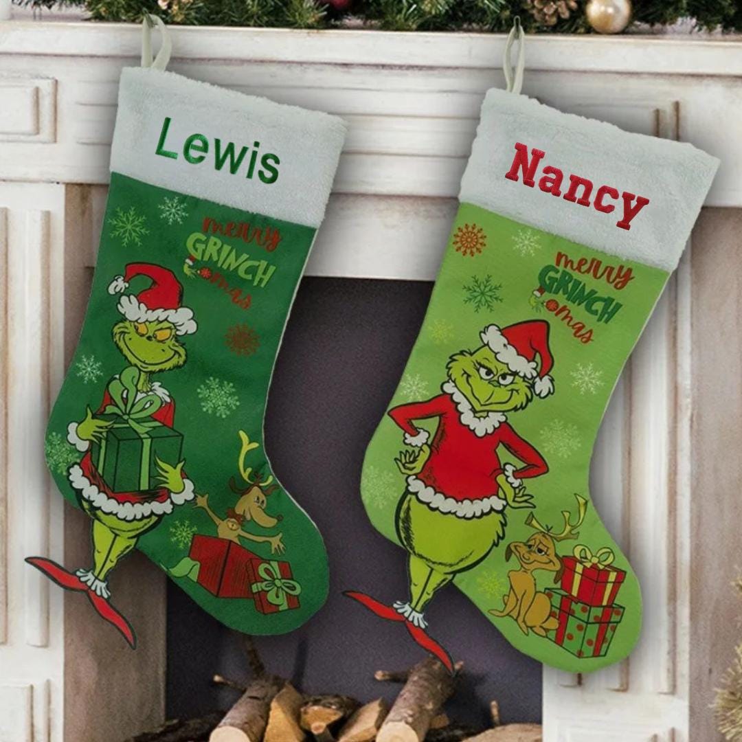 Personalised Grinch Stocking | Embroidered Grinch Christmas Stocking ...
