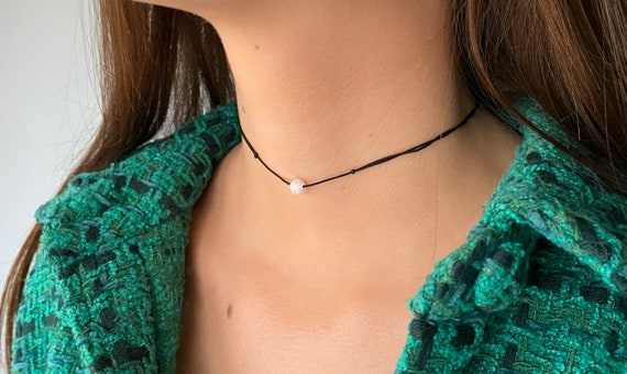 Minimalistische Schwarze Kette Choker mit Perle Make a Wish Schwarze Kordel Halskette mit naturlichem Achat Edelstein schlichter schwarzer Choker Etsy