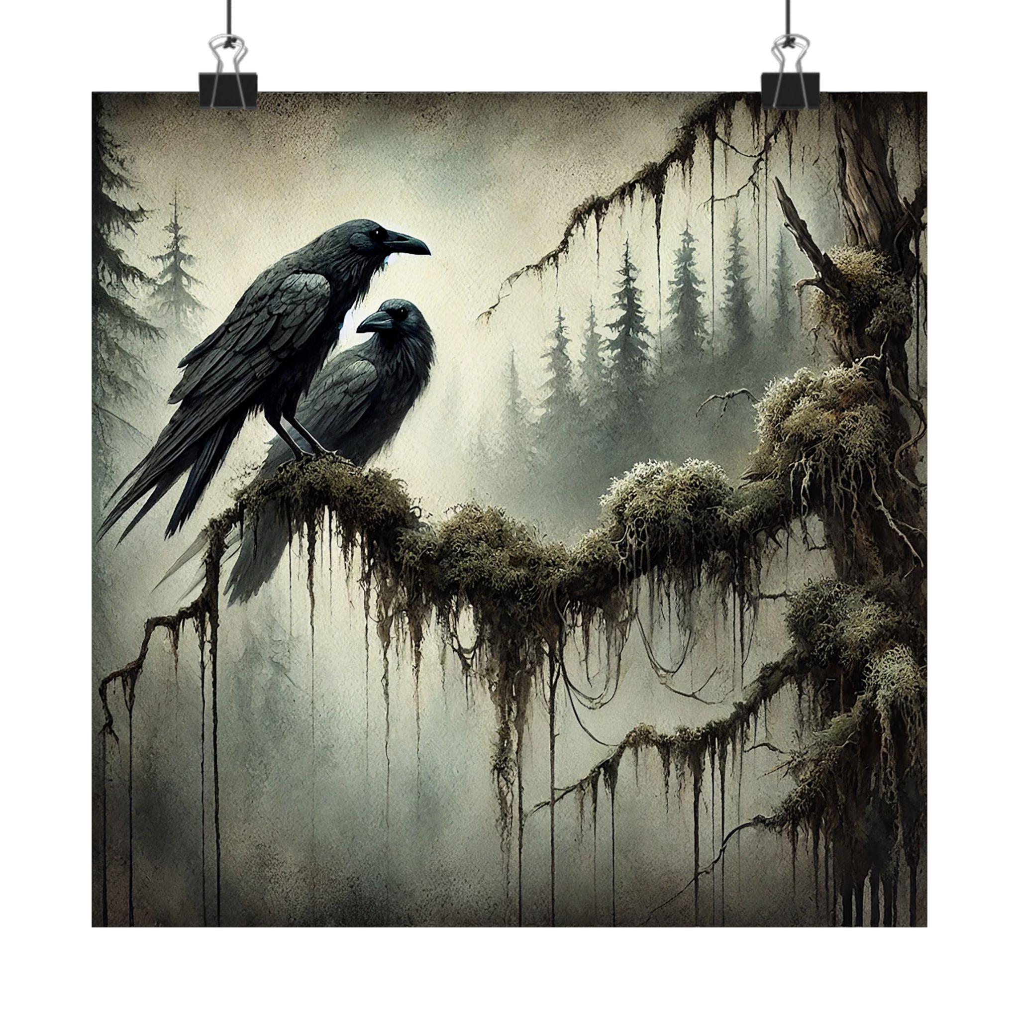 Moody Raven Wall Art - Gothic Nature Scene With Two Crows on Mossy ...