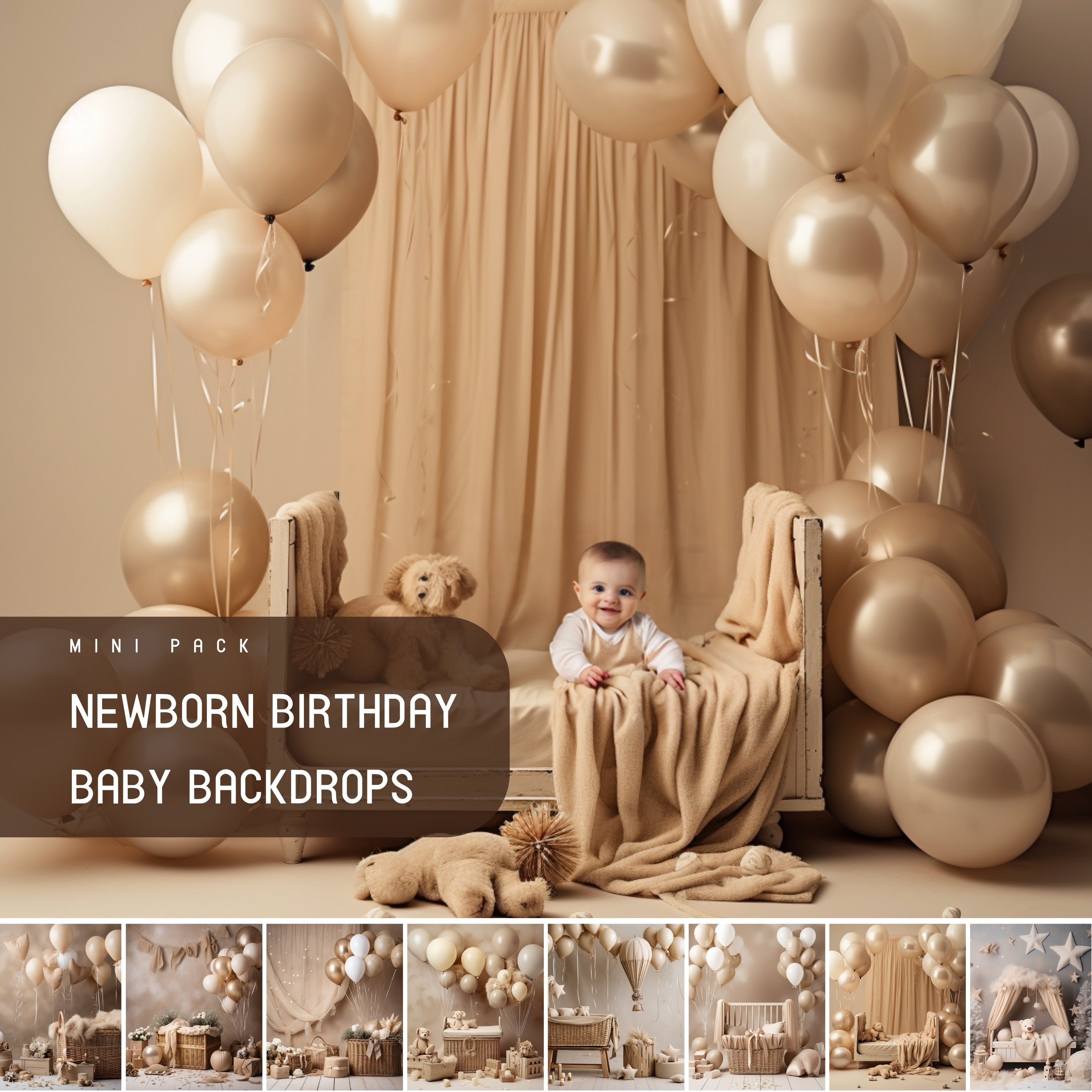 Boho Baby Balloon Cot Backdrops, Newborn Baby Backdrops, Baby Birthday ...