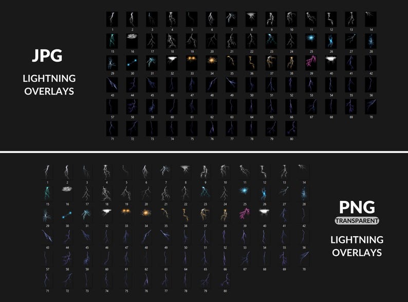 Realistic Lightning Photoshop Overlays, Transparent JPG, Photoshop ...