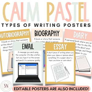 Calm Pastel Classroom Decor | Types of Writing Posters | Editable ...