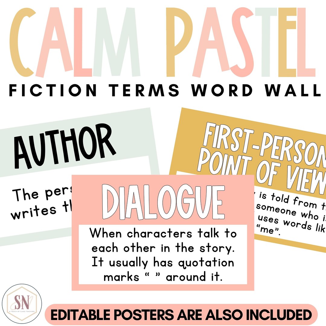 Calm Pastel Classroom Decor | Fiction - Elements of a Story Word Wall ...