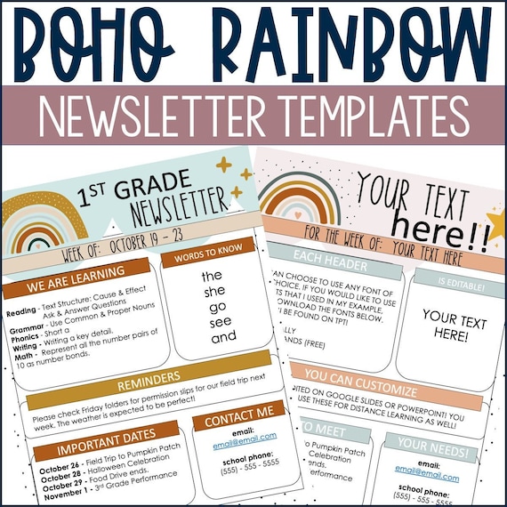 Boho Rainbow Newsletter Templates - Etsy