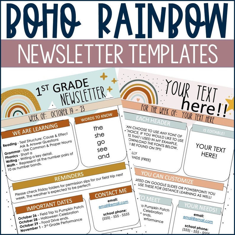 Boho Rainbow Newsletter Templates - Etsy