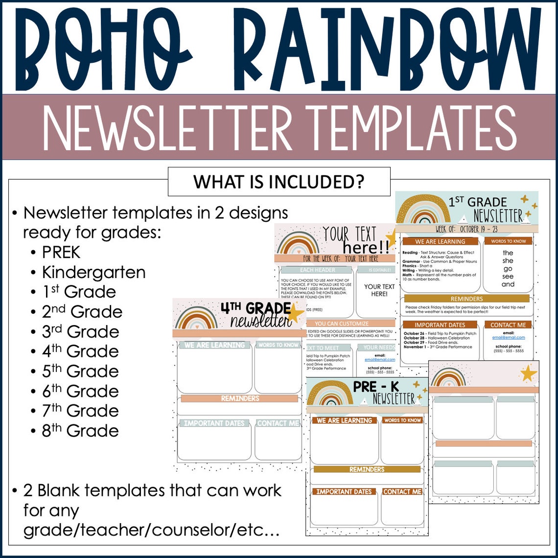 Boho Rainbow Newsletter Templates - Etsy