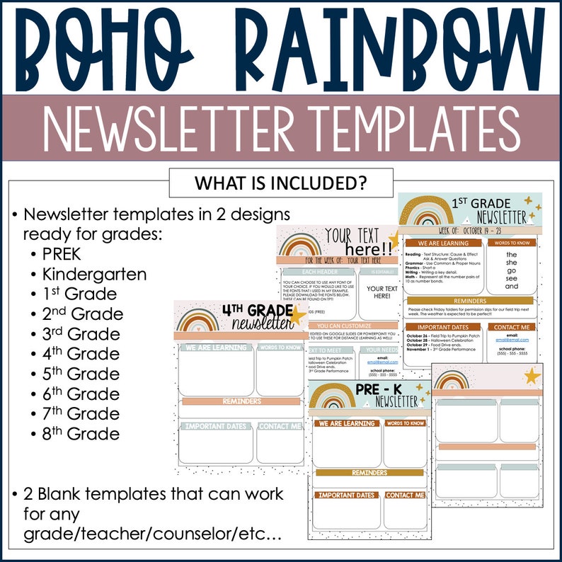 Boho Rainbow Newsletter Templates - Etsy