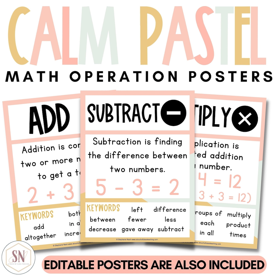 Calm Pastel Classroom Decor | Math Operations - Key Words Posters ...