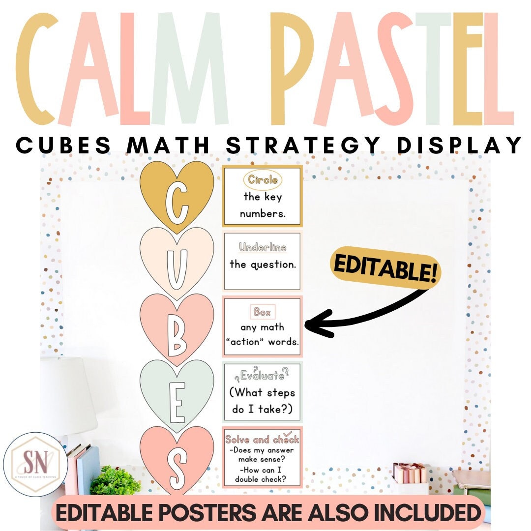 Calm Pastel Classroom Decor | CUBES Math Strategy Posters | Editable ...