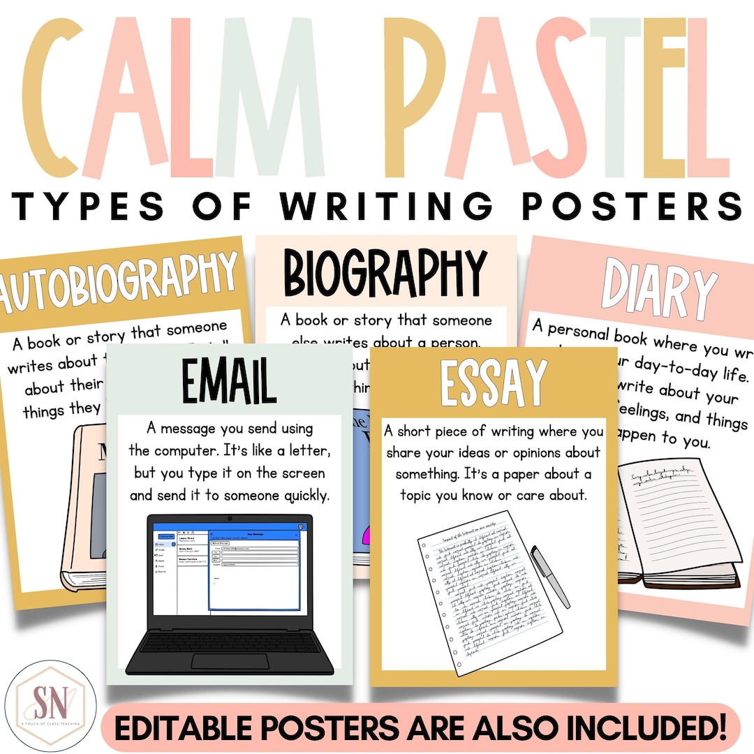 Calm Pastel Classroom Decor | Types of Writing Posters | Editable ...