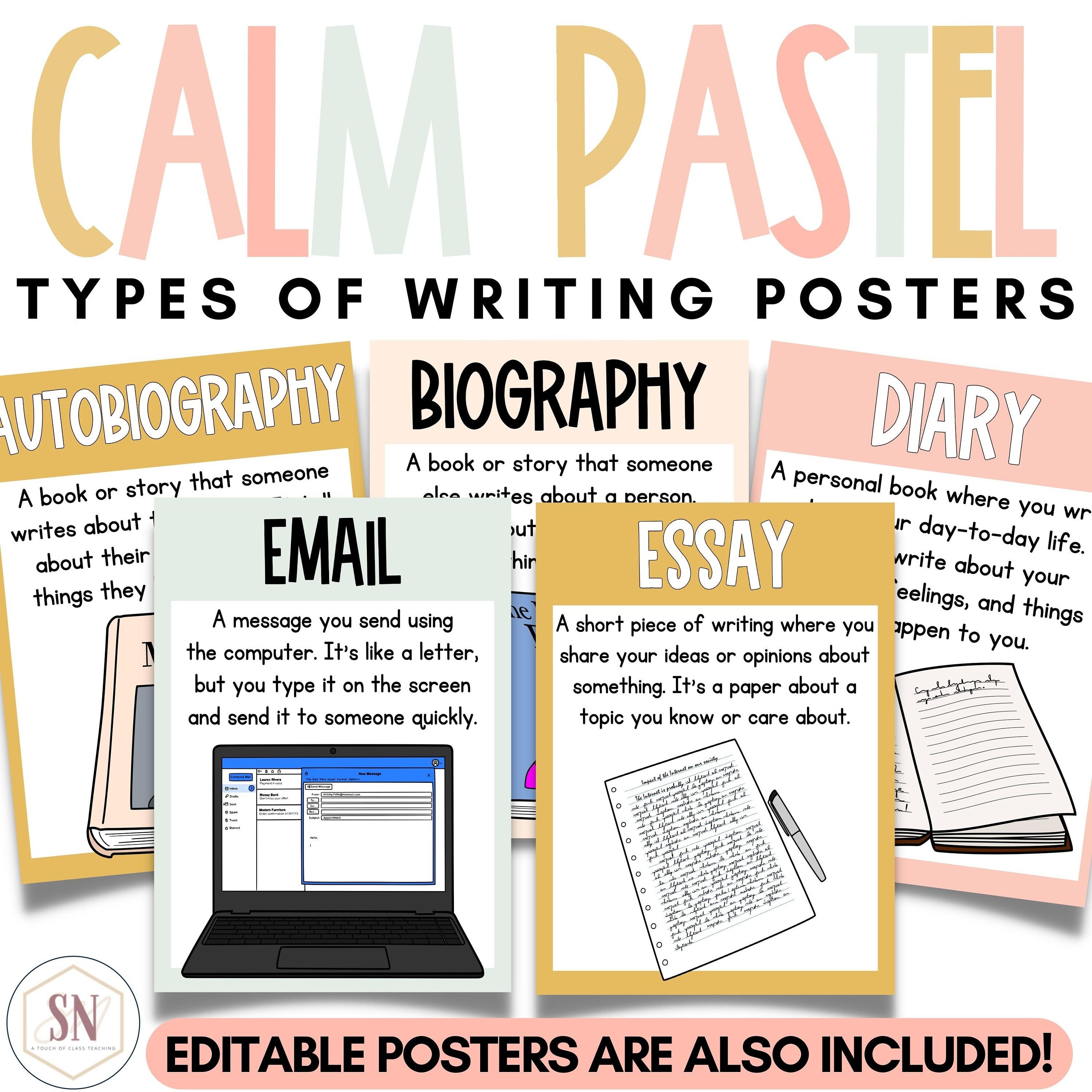 Calm Pastel Classroom Decor | Types of Writing Posters | Editable ...