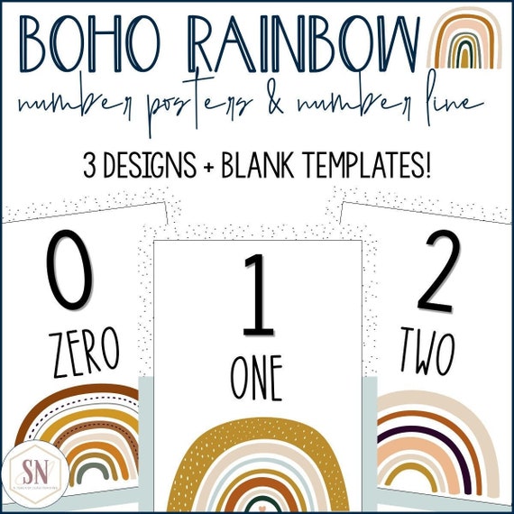 Boho Rainbow Number Posters & Number Line - Etsy