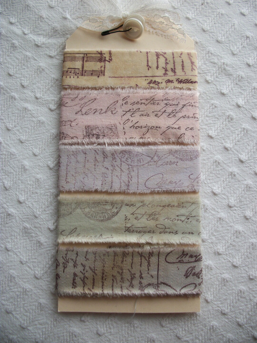 Shabby Coffee Stained Fabric Ribbons, Hand Stamped FRENCH Flair Strips ...