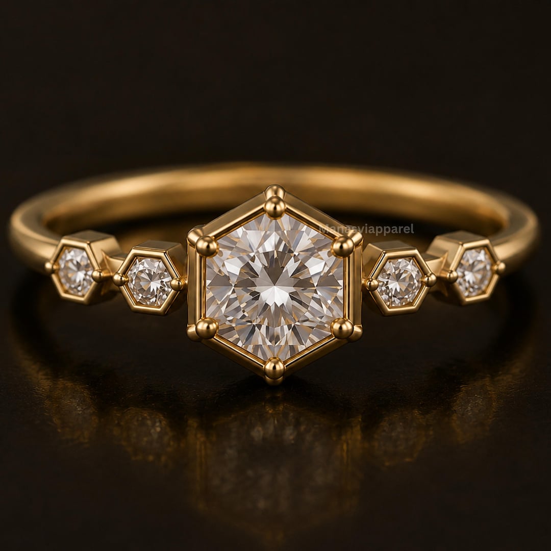 Hexagon Cut Moissanite Engagement Ring, Gold Geometric Ring, Modern ...
