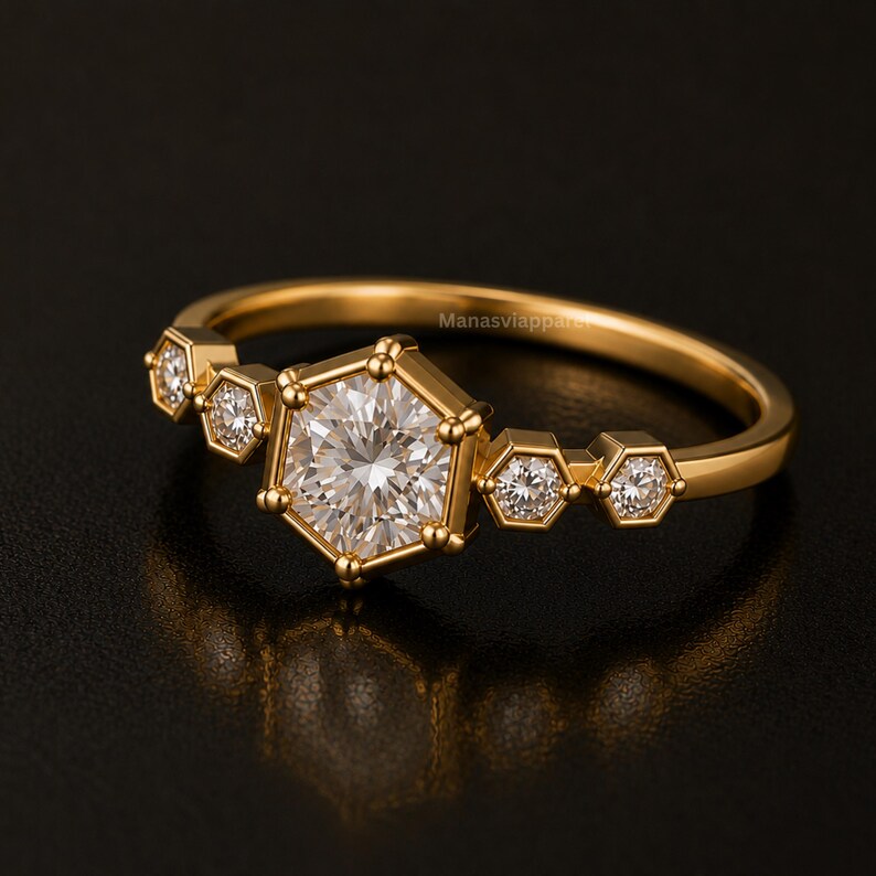 Hexagon Cut Moissanite Engagement Ring, Gold Geometric Ring, Modern ...