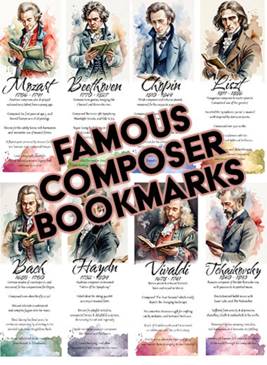 Set of 4x Music Bookmarks With Famous Composers. Gift for Music or ...