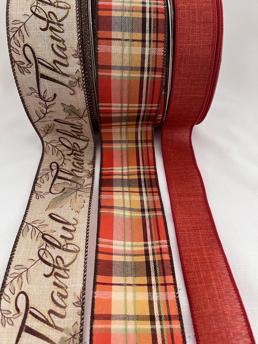 Natural Thankful Ribbon W/vined Leaves & Autumn Plaid Bundle Set of 3 ...