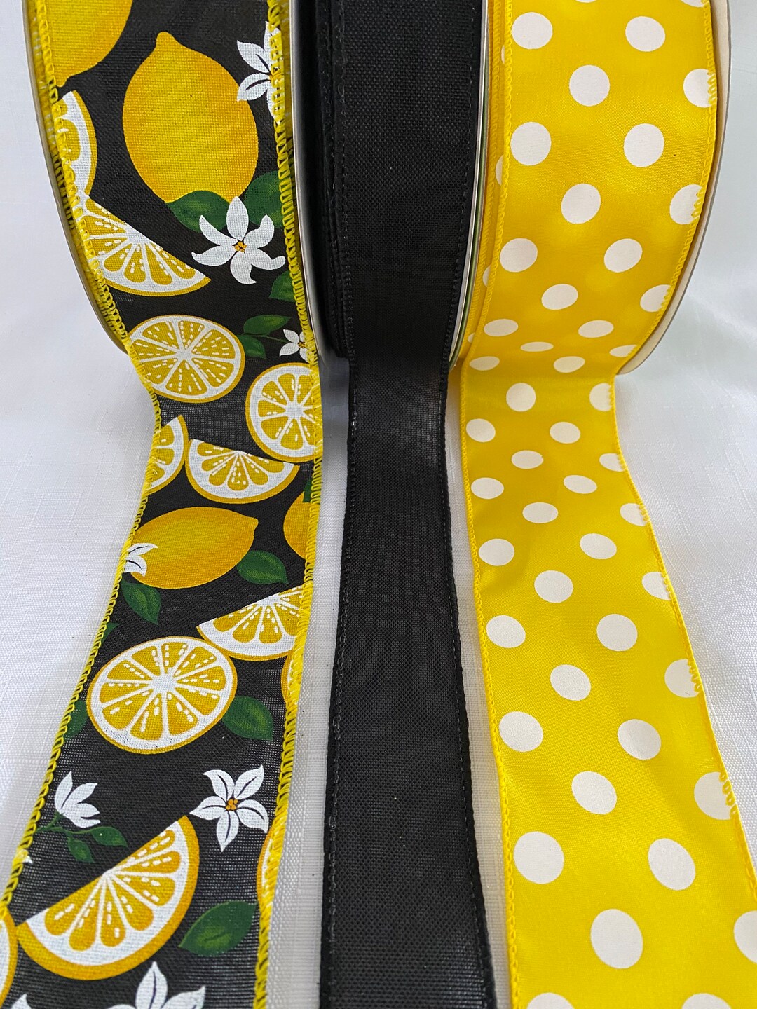 Lemon Slices on Black Ribbon With Yellow Polkadot Bundle, Set of 3 ...