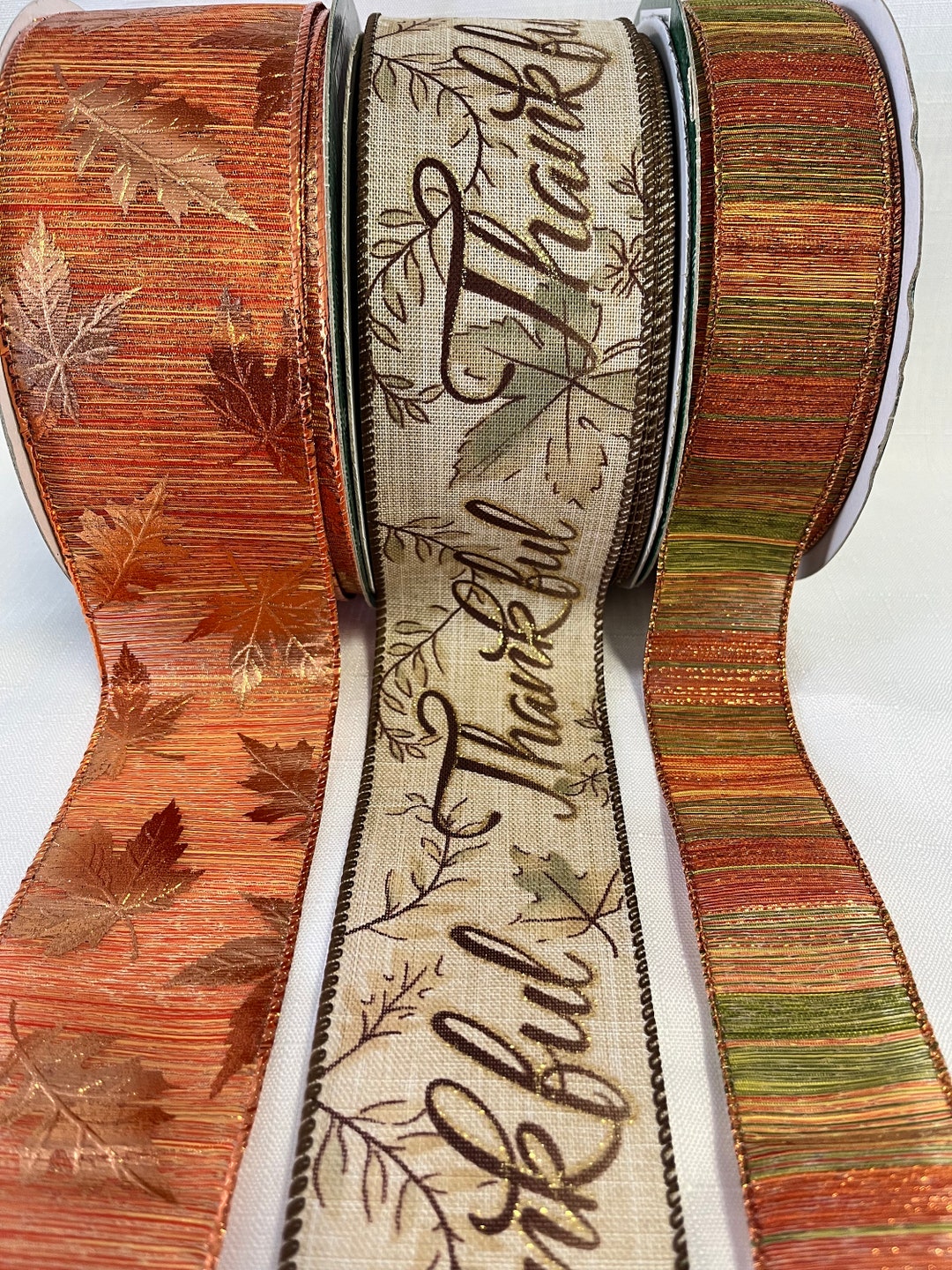 Foil Autumn Leaves With “thankful” Fall Bundle Set of 3 Wired Ribbons 5 ...