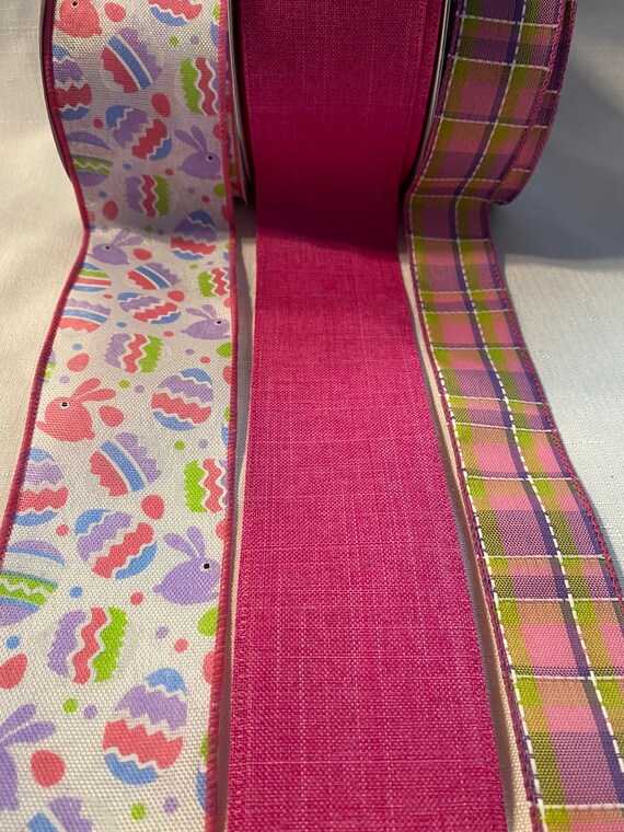 Pink Diagonal Plaid & Pink Glitter Bundle Set of 3 Wired Ribbons 5 yds ...