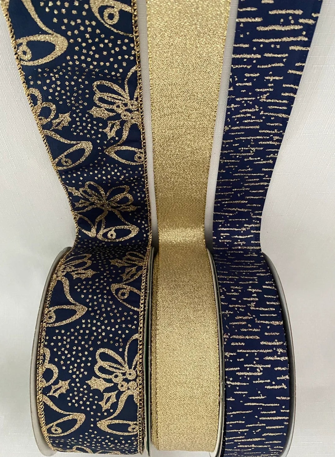 Navy With Gold Christmas Bells Bundle Set of 3 Wired Ribbons 5 Yds Each ...