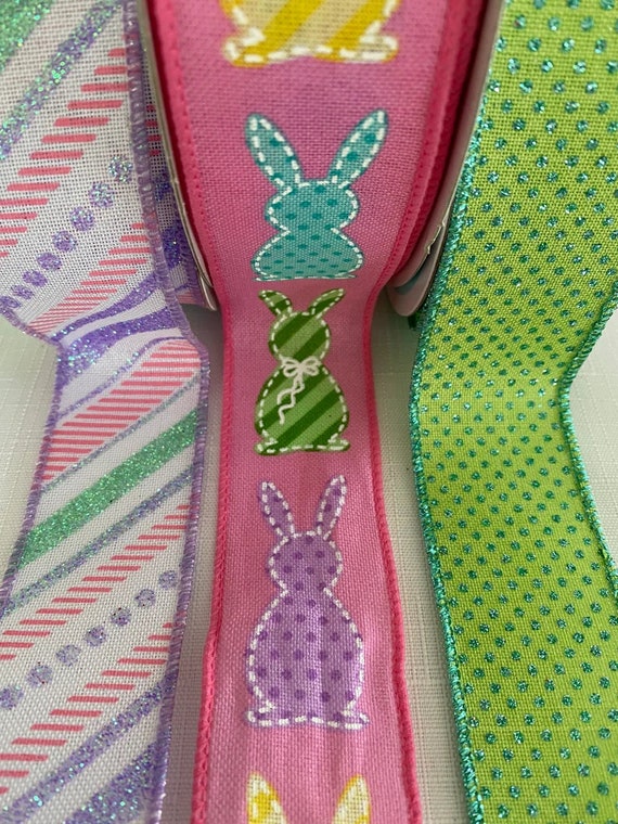 Pink Diagonal Plaid & Pink Glitter Bundle Set of 3 Wired Ribbons 5 yds ...