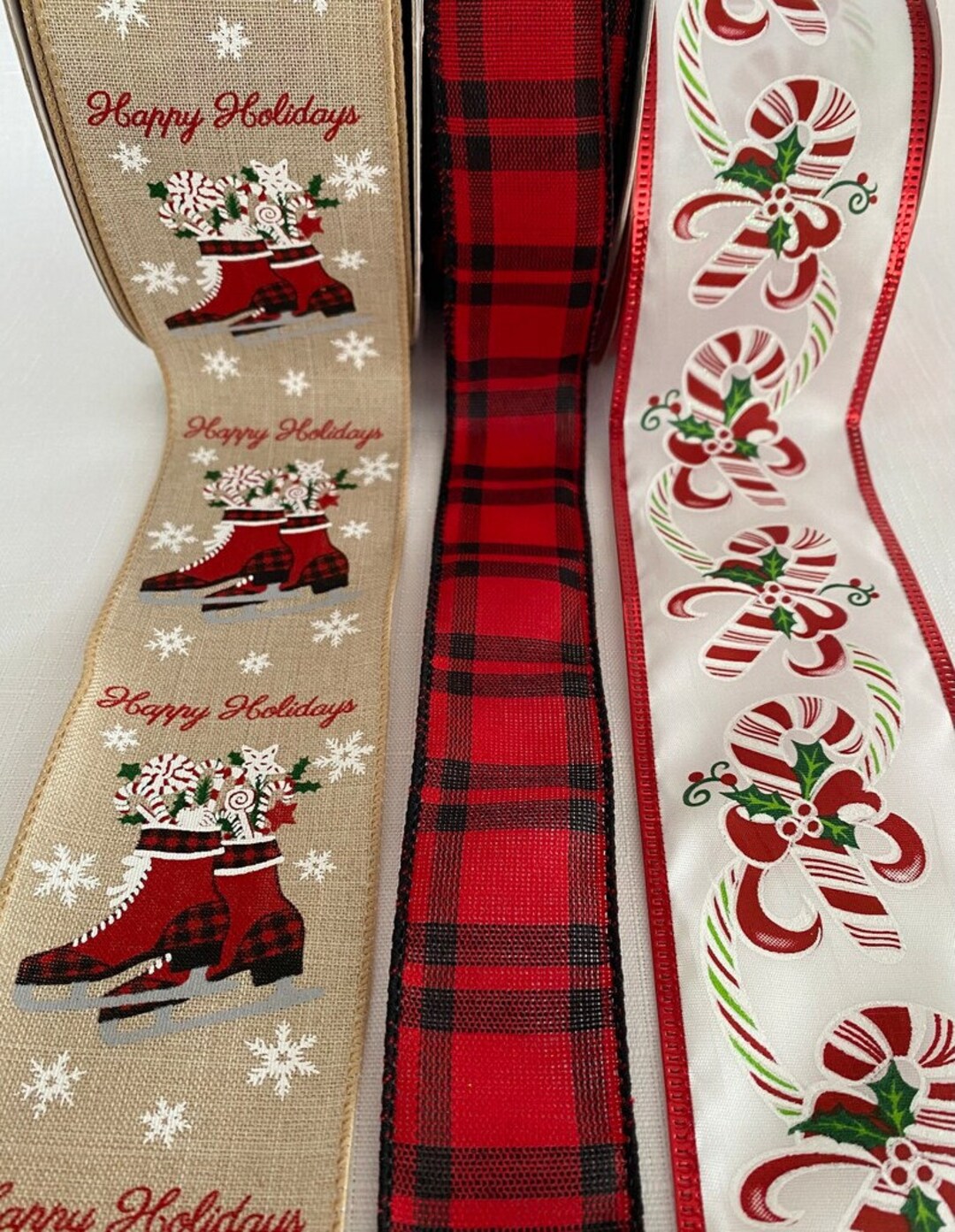 Holiday Wired Ribbon Bundle: Ice Skates, Plaid, & Candy Cane (15 Yards ...
