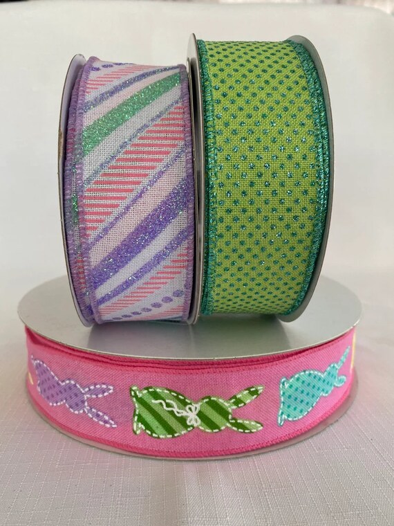 Pink Diagonal Plaid & Pink Glitter Bundle Set of 3 Wired Ribbons 5 yds ...