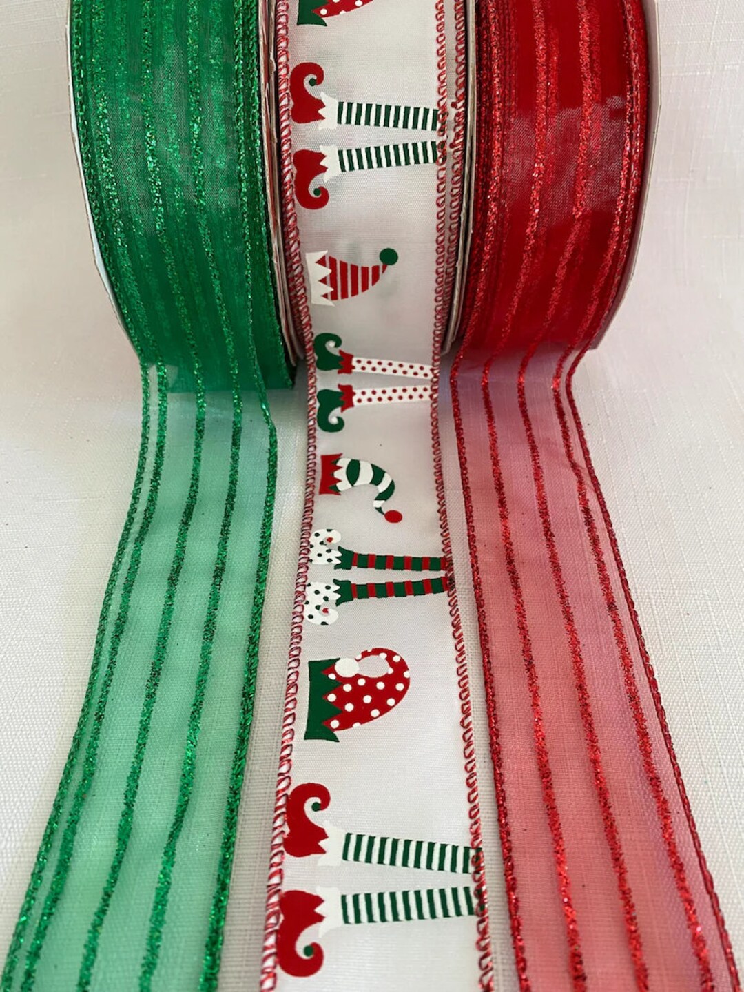 Christmas Elf Legs & Hats Ribbon Bundle, Glitter Stripe (set of 3, 15 ...