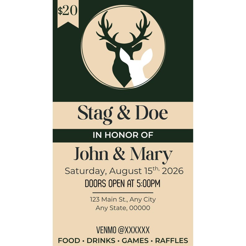 Stag and Doe Ticket Template, Editable Canva Design, Instant Download ...