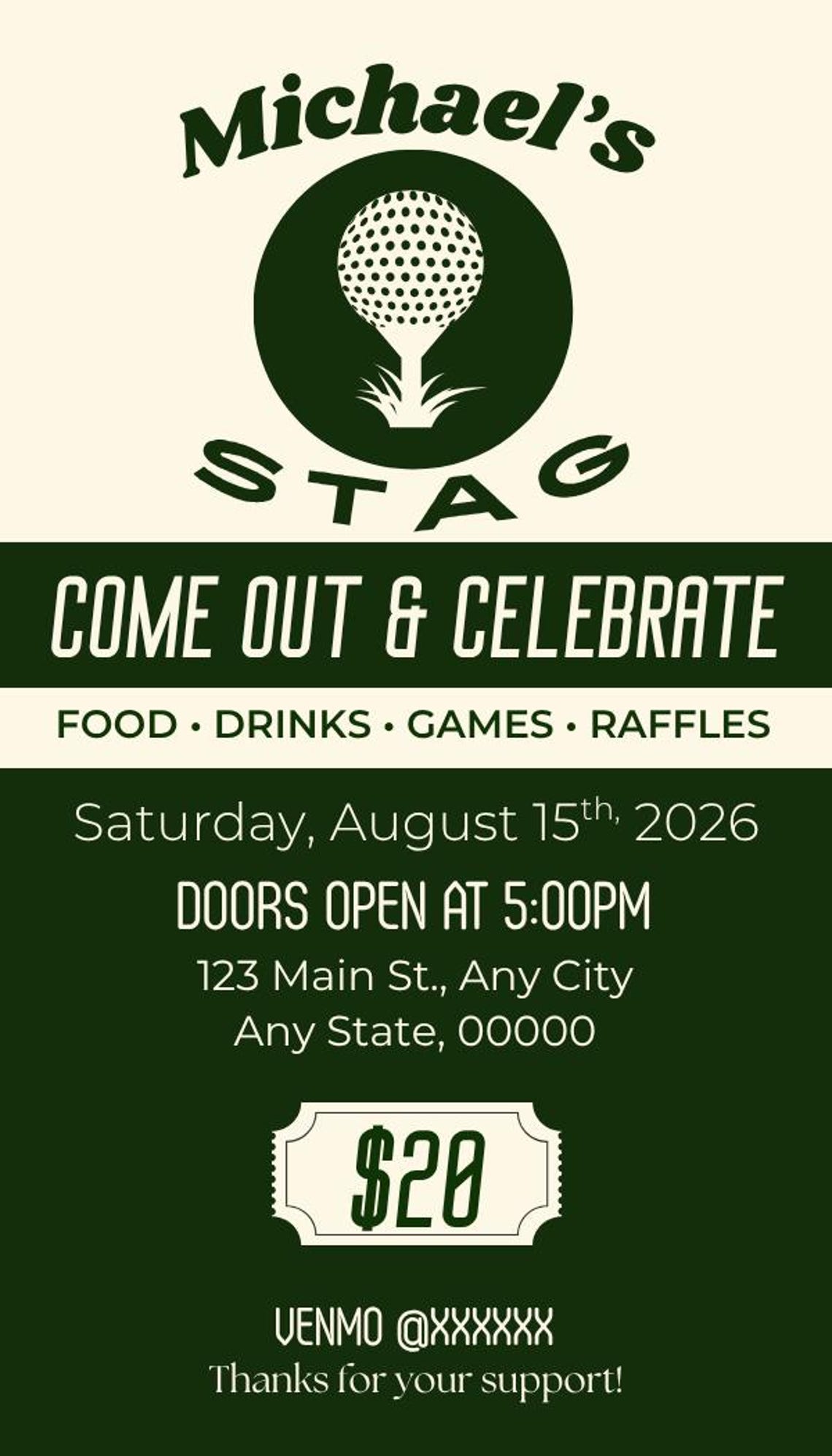 Golf Stag Ticket Template: Editable Canva Invite for Fundraiser or ...
