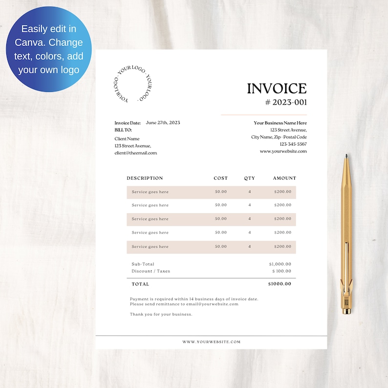 Invoice Template, Customizable Invoice, Digital Download, Fully ...